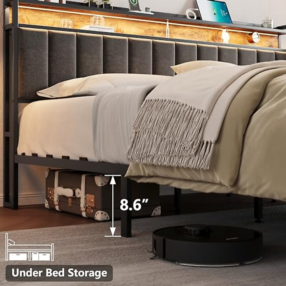 MEIJUJIA Queen Bed Frame with 2 Storage Drawers and LED Lights Headboard, Upholstered Bed Frame Queen Size with Charging Station, No Box Spring Needed, Easy Assembly - Grey