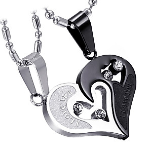 Cupimatch 2-Piece Stainless Steel Couple Necklace Rhinestone I Love You Heart Puzzle Matching Pendant with Chain