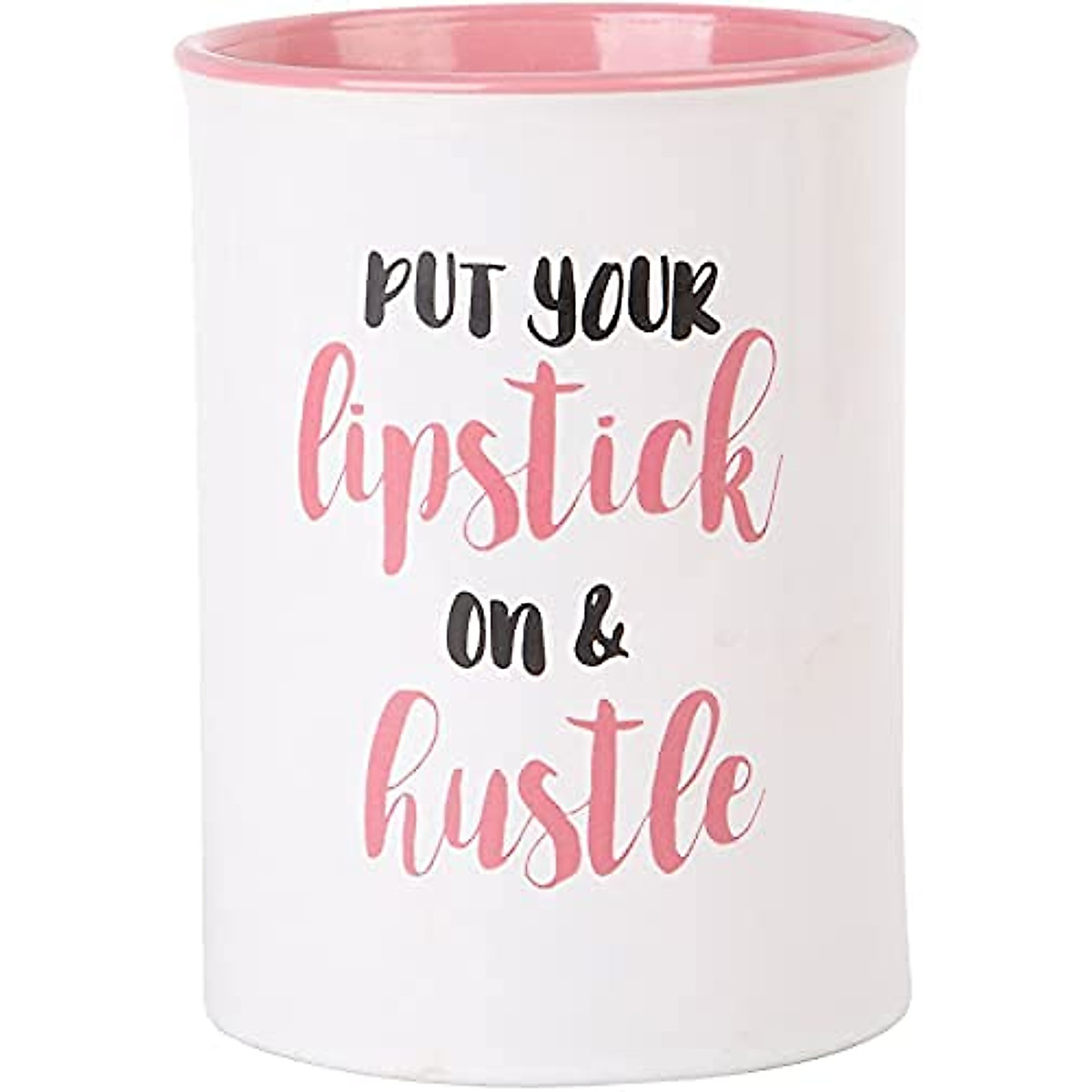 Palais Essentials bathroom decor Makeup Brush Holders Ceramic, Bathroom Accessories Make Up Cup Holder for Vanity Countertops (Lipstick Hustle, 4" Diameter)