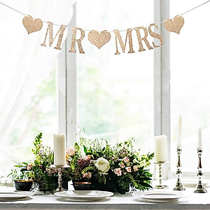 Champagne Gold Glittery MR and MRS Banner - MR & MRS Banner for Bridal Shower, Wedding, Engagement, Anniversary Party Supplies