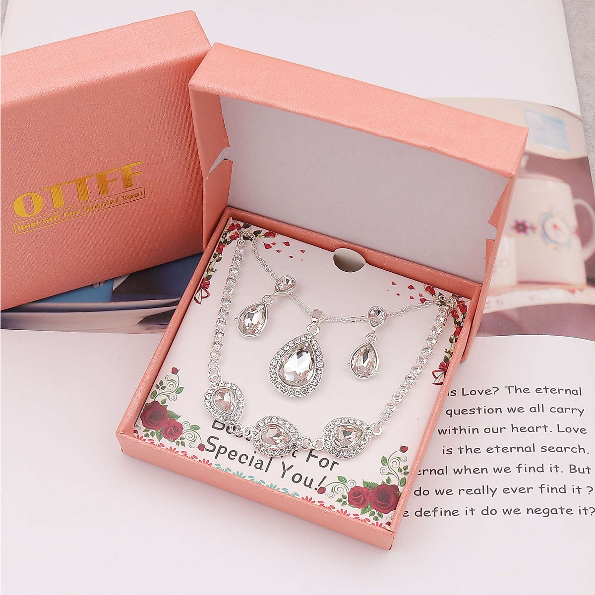 OTTFF Teardrop Jewelry Set for Bridal Bridesmaid,4 Sets Silver Plated Necklace Earrings Bracelet Set For Wedding Gift