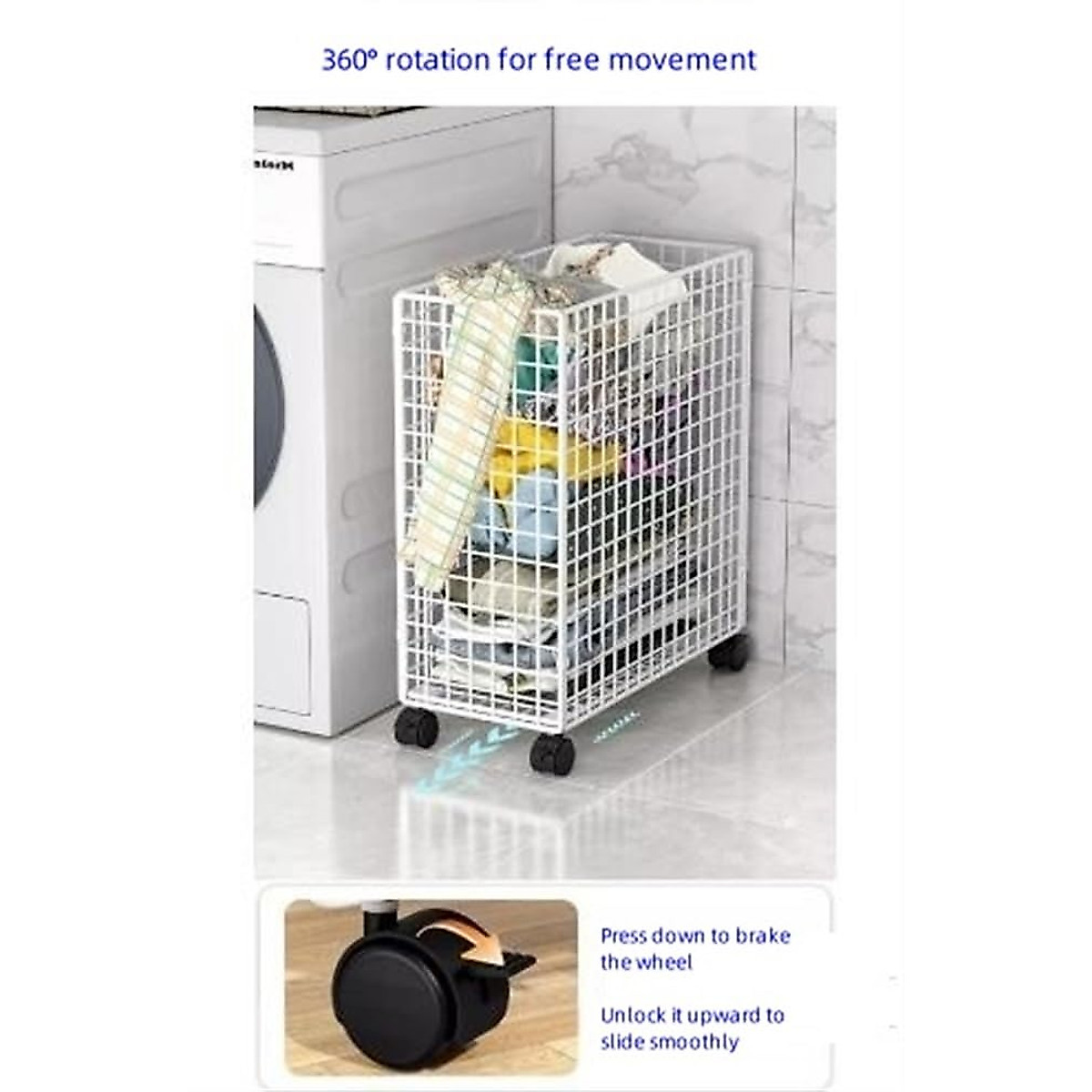 MAGUZA Iron Wire Laundry Hamper, Collapsible Clothes Hamper with Hooks and Baskets, Metal Rolling Laundry Cart for Bathroom (Color : Golden, Size : 38 * 20.5 * 53cm)
