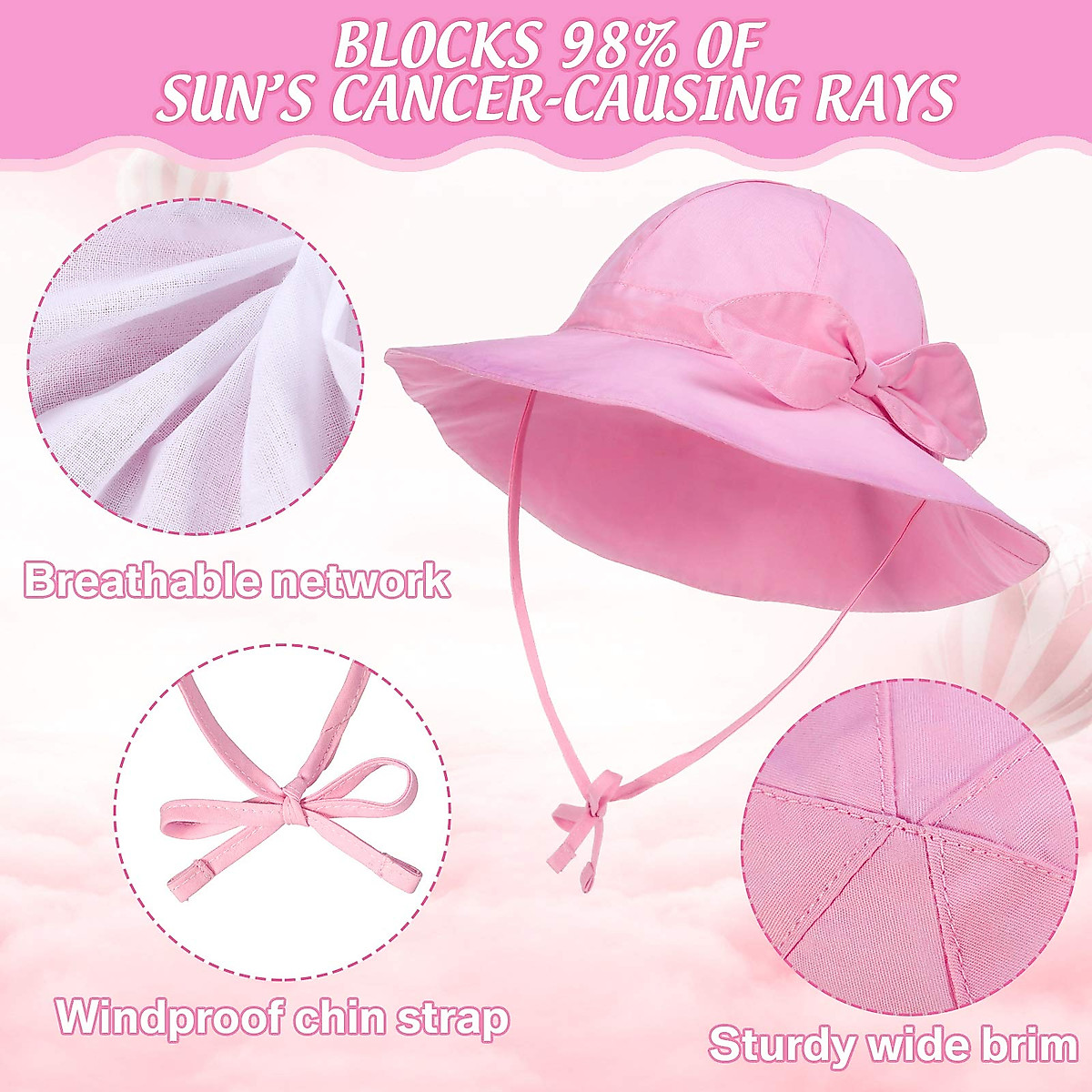 2 Pieces Baby Girl Sun Hat Infant UV Protection Summer Hats with Bows Wide Brim Bucket Hats Adjustable Sunscreen Beach Caps Bowknot Fisherman Caps (Baby of 6-12 Months, White and Pink)