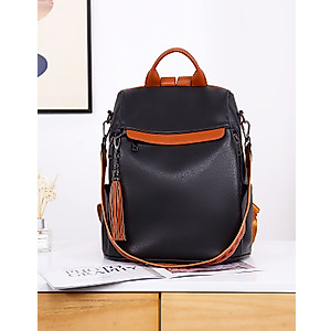 Telena Backpack Purse for Women, PU Leather Anti Theft Travel Purse Shoulder Bags with Tassel Contrast Black