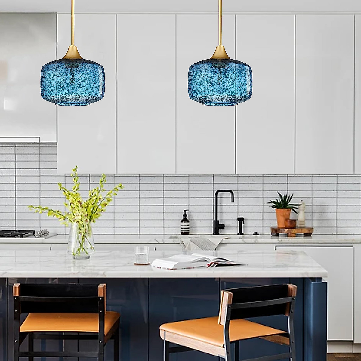 1 Light Hanging Indoor Kitchen Island Pendant Light 7.75" Ancient Seeded Glass Pendant Ceiling Light Fixtures Modern Farmhouse Dinning Over Sink Hallway (Blue Glass, 1 Pack)