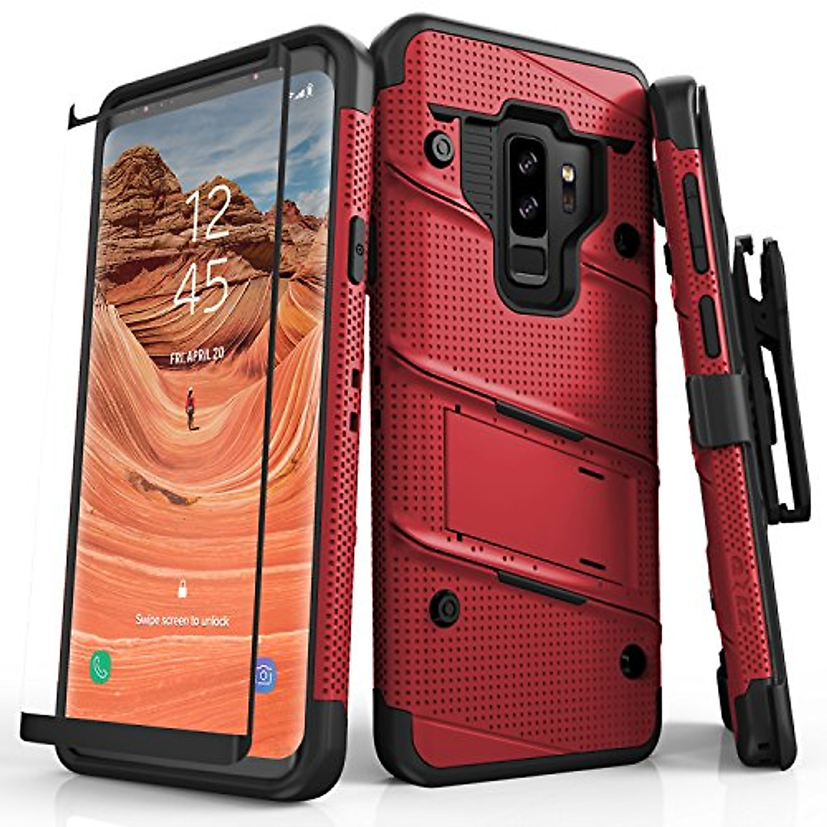 ZIZO Bolt Series for Samsung Galaxy S9 Plus Case Military Grade Drop Tested with Tempered Glass Screen Protector Holster RED Black