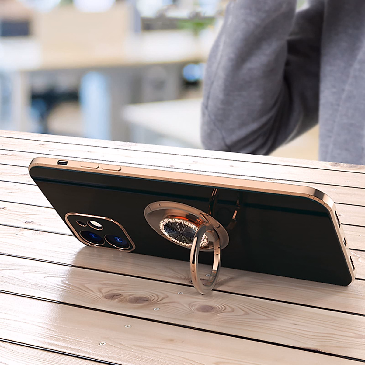 Yepda Case for iPhone 13 Pro Max Ring Holder Case with Diamond Shiny Plating Rose Gold Edge Built-in 360 Rotation Magnetic Kickstand for Women Girls Slim Soft TPU Protective Cover 6.7 Inch, White