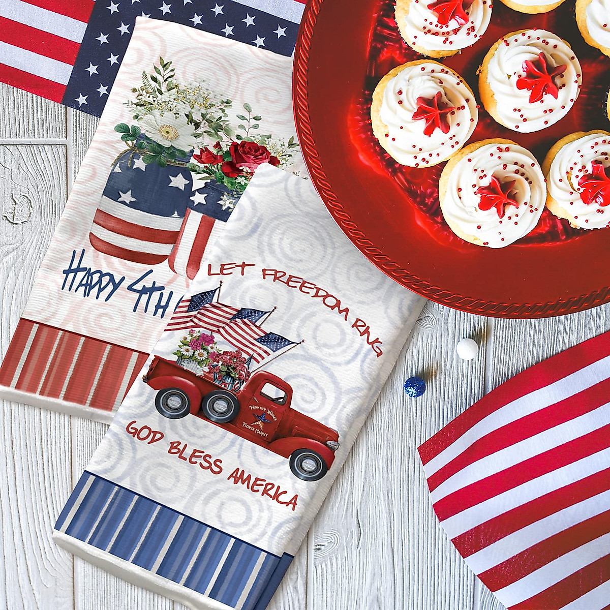 AnyDesign Happy 4th of July Kitchen Towel God Bless America Dish Towel 18 x 28in Patriotic American Flag Truck Flower Vase Hand Drying Tea Towel for Independence Day Memorial Day Cooking Baking, 2Pcs