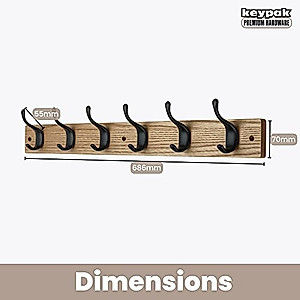 keypak Modern Wall Mounted Coat Rack, Matte Black Hooks on Wood Base (6 Hooks, Ash Effect)