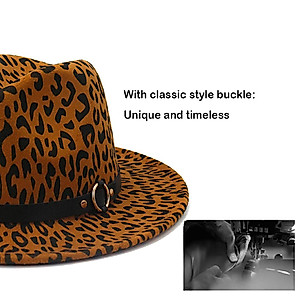 HUDANHUWEI Women's Wide Brim Felt Fedora Panama Hat with Leopard Belt Buckle Z-Khaki