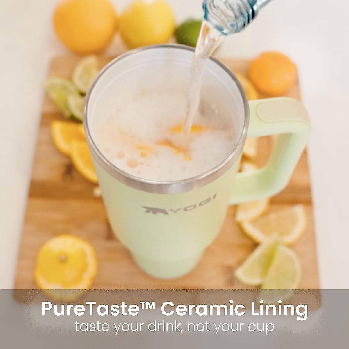 YOGI Ceramic Lined Tumbler with Handle and Straw Lid, Stainless Steel Travel Mug & Water Tumbler, Vacuum Sealed Cup with Handle - 40oz Fuchsia