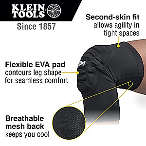 Klein Tools 60614 Knee Pads, Lightweight Padded Knee Sleeves, Breathable Mesh Back, Elastic Cuff with Slip-Resistant Silicone, S/M, Black