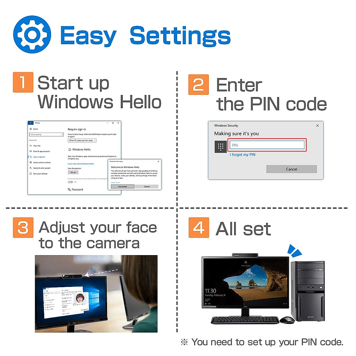Mousecomputer Japan Brand Facial Recognition Anti-Spoofing Hands-Free Fast Login Webcam for Windows 11 10 Hello CM02A