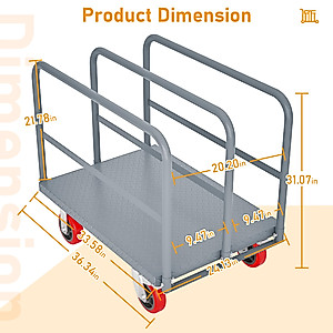 Steel Panel Truck, Heavy Duty Drywall Cart Lumber Cart Platform Truck Flat Cart, 2000lbs Hand Truck Push Cart Dolly with 6" Swivel Brake Casters and 3 Side Handrails(36" x 24")