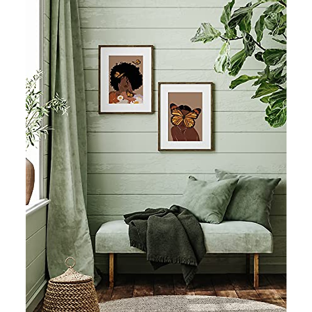 MUELOSY African American Woman Art, Fashion Art, Woman Fashion Portrait, Black Girl wall Art, Black Woman with Butterfly With Flower Wall Art Cavans Décor,12x16in set of 3 (Frameless Canvas)