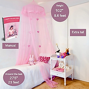 EVEN NATURALS - Princess Bed Canopy for Girls | Pink Room Decor with Lace Dome & Hearts, Easy Hanging System, Mosquito Net for Bed Crib to Twin Size Girls | Canopy Bed Curtains, Reading Nook for Kids