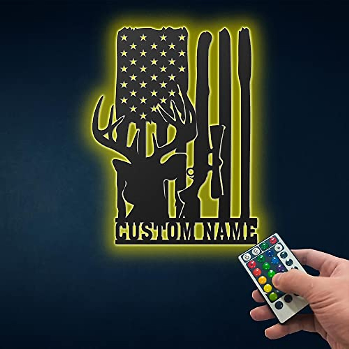 Deer Hunter Metal Wall Personalized, USA Hunter Gun with Flag, Deer Antler Hunting Dad LED Sign, Hunting Camp, Man Cave Deer Decor, Gift For Dad, Father Day Gift
