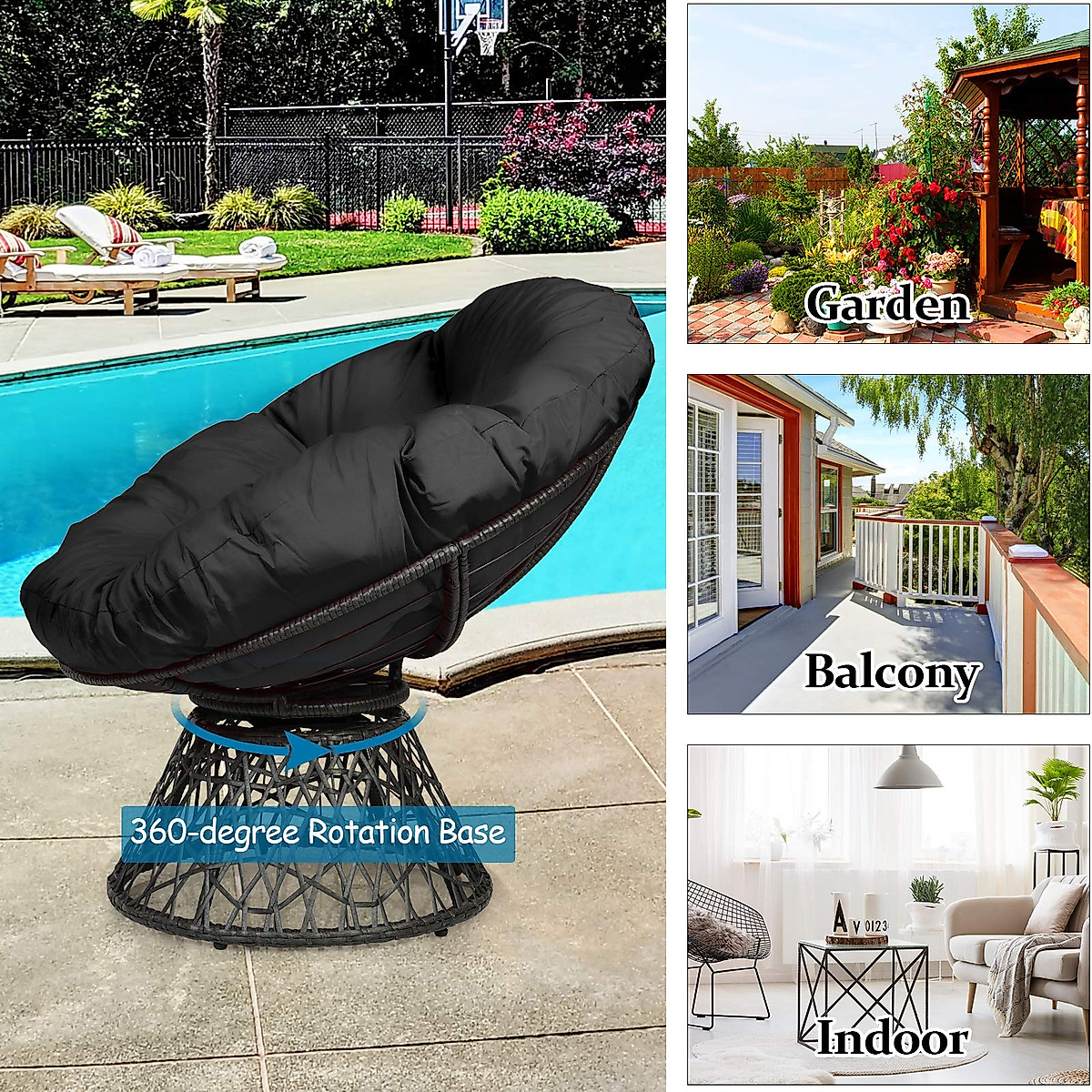 Giantex Rattan Round Papasan Chair, 360-Degree Swivel Egg Chair with Soft Cushion, Living Room Chair Leisure Chair with Gray Frame Indoor Outdoor Use (Black)