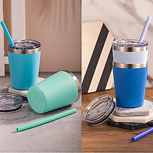 4 Set Toddler Cups with Straws and Lids Stainless Steel Kids Cups Insulated Kids Cups Spill Proof Double Wall Vacuum Kid Tumbler Cups for Boys Girls Sippy Drinking 8 oz (Blue, Gray, Sky Blue, Green)