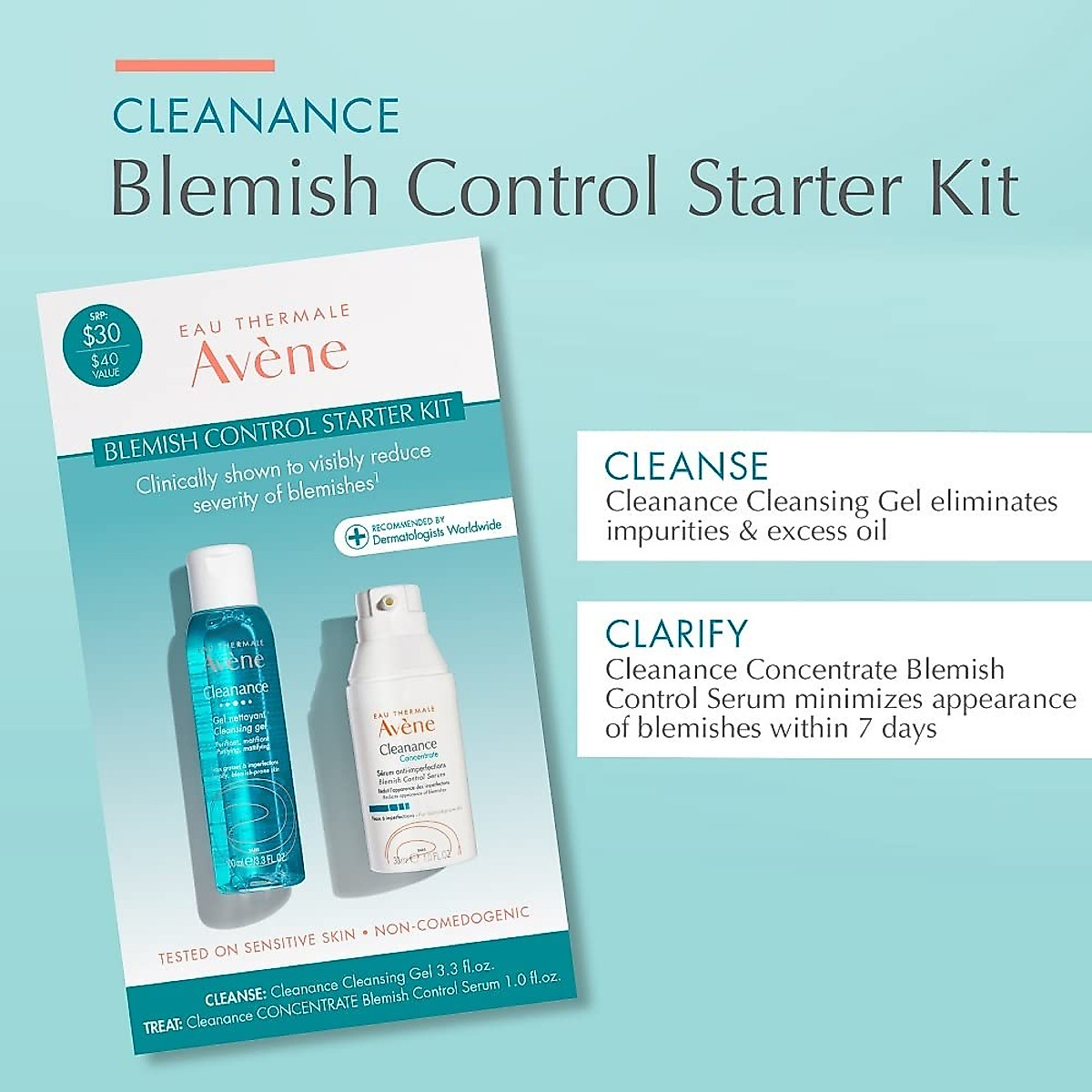 Avene Cleanance Blemish Control Starter kit for oily, blemish prone skin, acne regimen