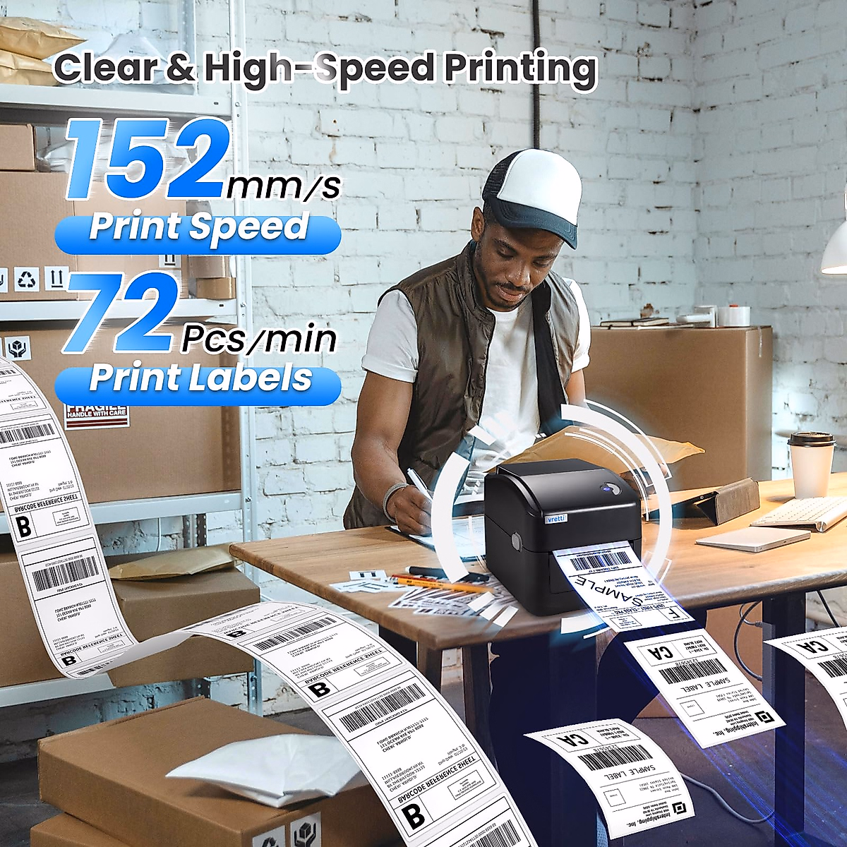 vretti Thermal Label Printer, 4x6 Thermal Shipping Label Printer for Shipping Packages and Small Business, 152mm/s Desktop Barcode Printer Machine for Amazon Ebay Etsy Shopify on Windows& Mac