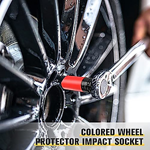 BOEN 1/2" Drive Wheel Protector Impact Socket, Non-Marring Lug Nut Thin Wall Deep Socket Set, CR-MO, 6 Point, Color-Coded Protective Sleeve | Metric 17 19 21 mm | SAE 13/16 7/8 inch (5 PCS)