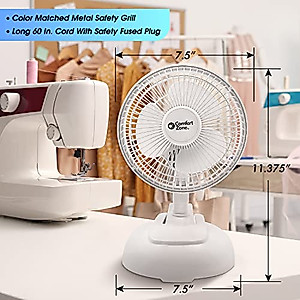 Comfort Zone CZ6XMWT 6” 2-Speed Combo Clip or Desk Fan with Removable Base, Strong Clamp for Firm Grip, Suitable for Bedroom, Office, or Dorm Room, White