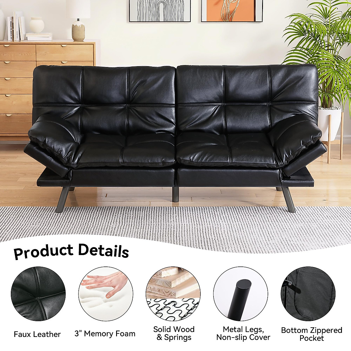 AMICLIBER Memory Foam Faux Leather Futon Sofa Bed Couch,Convertible Futon Sofa Couch,Loveseat Sleeper Sofa Bed,Small Splitback Modern Sofa Bed for Living Room,Office,Apartment,Bright Black