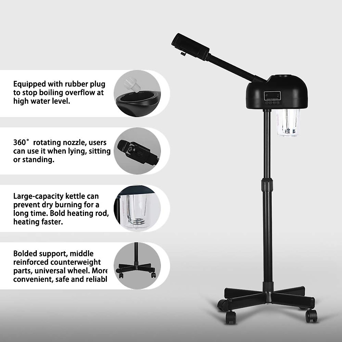 LCD Ozone Facial Steamer Professional for Clean Skin, Skin Care Use at Home, Beauty Salon, Spa with Hot Mist, Timer Function, Adjustable Height, Rolling Wheels - Black