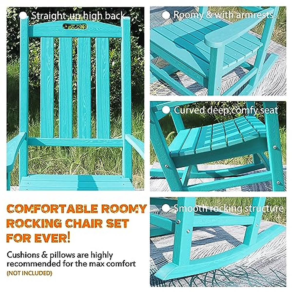 VEIKOU Rocking Chairs for Outside, HDPE Outdoor Rocking Chairs Set of 2, Heavy Duty Porch Rocker Supports 350lbs, All Weather Rocking Chair w/High Back & Wide Seat, (Blue, 2 Chairs)