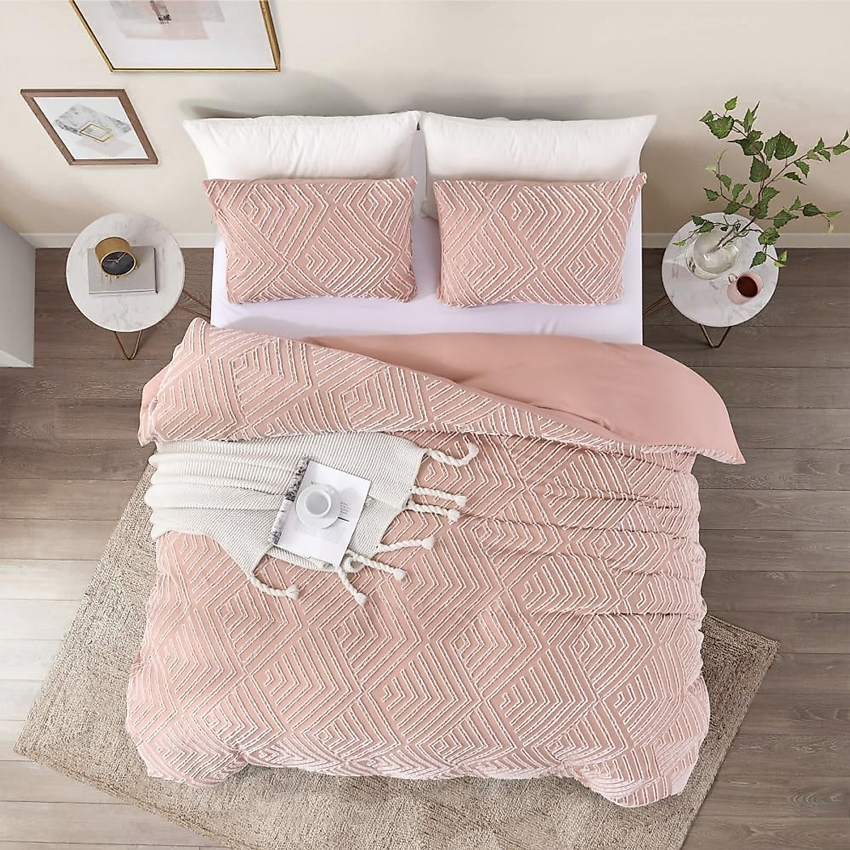 Duvetex Pink Tufted Queen Duvet Cover Set, Soft and Lightweight Shabby Chic Embroidery Duvet Covers for All Seasons, 3 Pieces Boho Bedding Set 90" x 92"(1 Duvet Cover with 2 Pillow Shams)