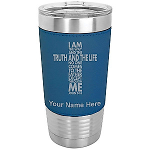 LaserGram 20oz Vacuum Insulated Tumbler Mug, Bible Verse John 14-6, Personalized Engraving Included (Faux Leather, Blue)