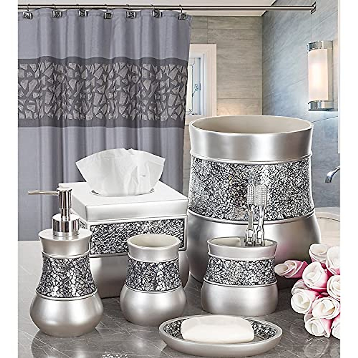 Creative Scents Silver Bathroom Accessories Set complete - Decorative Crackled Glass 6 Piece Bathroom Set Features: Trash Can, Tissue Box Cover, Soap Dispenser, Toothbrush Holder, Soap Dish, & Tumbler