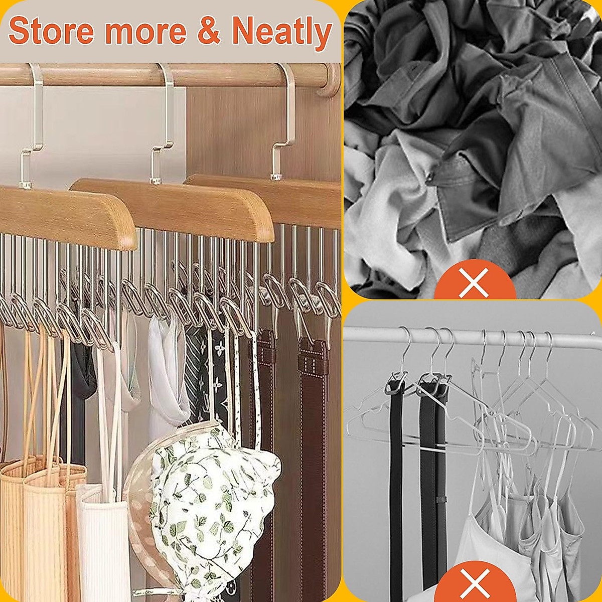 Plowatxi Belt Hanger for Closet 2 Pack Belt Hanger with 16 Hooks, Sturdy Wooden Non-Slip Belt Holder for Closet Space Saving Belt Organizer for Closet Rotating Display Belt Rack for Bra Hat Tank Tops