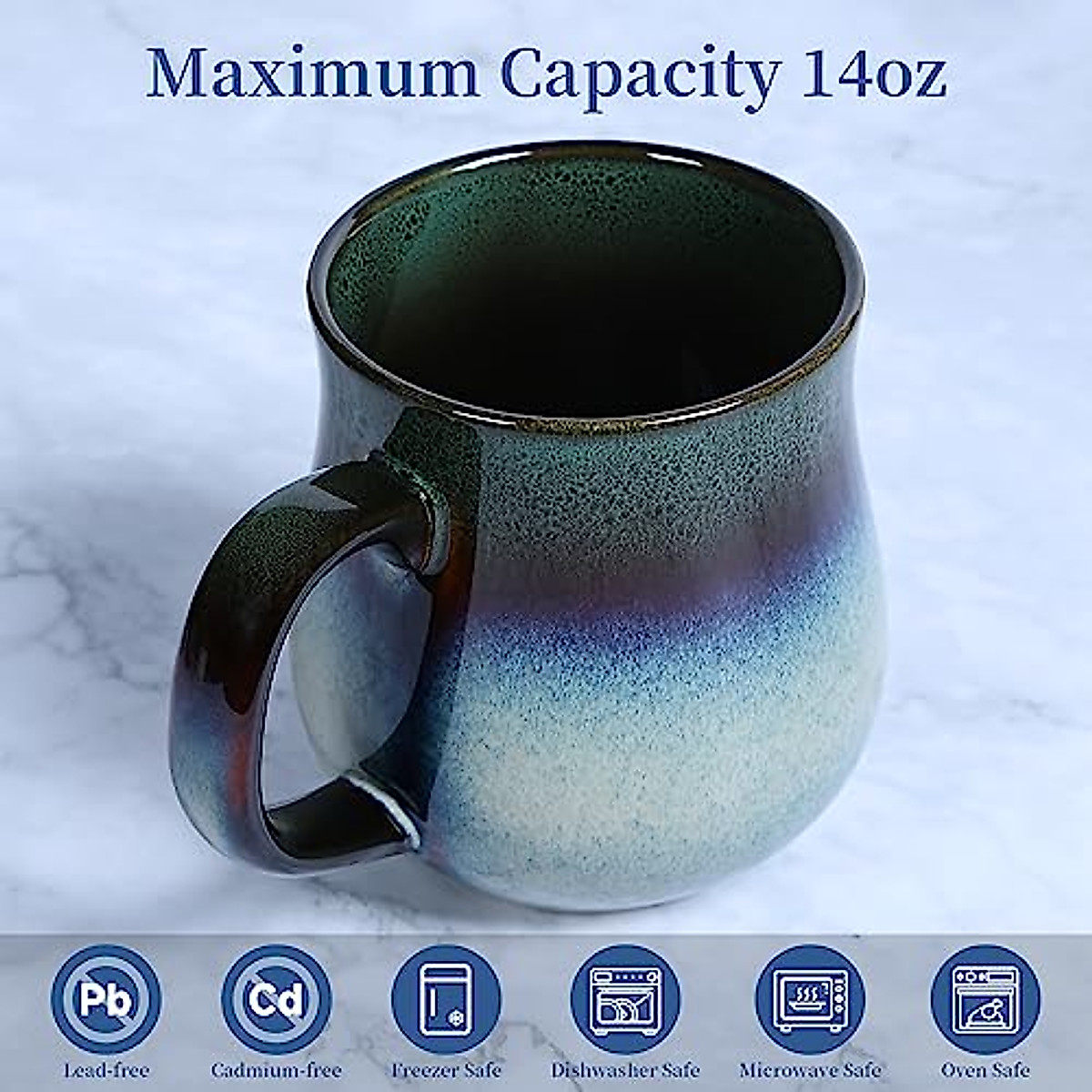 RELEDESA 16 Oz Large Ceramic Coffee Mug with Big Handle, Handmade Glazed Tea Cup for Office and Home, Microwave and Dishwasher Safe, Small Coffee Cups for Hot and Cold Drinking (Ink Green)