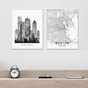 Boston Skyline, Boston Wall Art, Boston Street Map, Watercolor Skyline Print, Building Wall Decor, Office Wall Art, Boston Map Print, Set of 2 Prints, 11X14 Inch Unframed