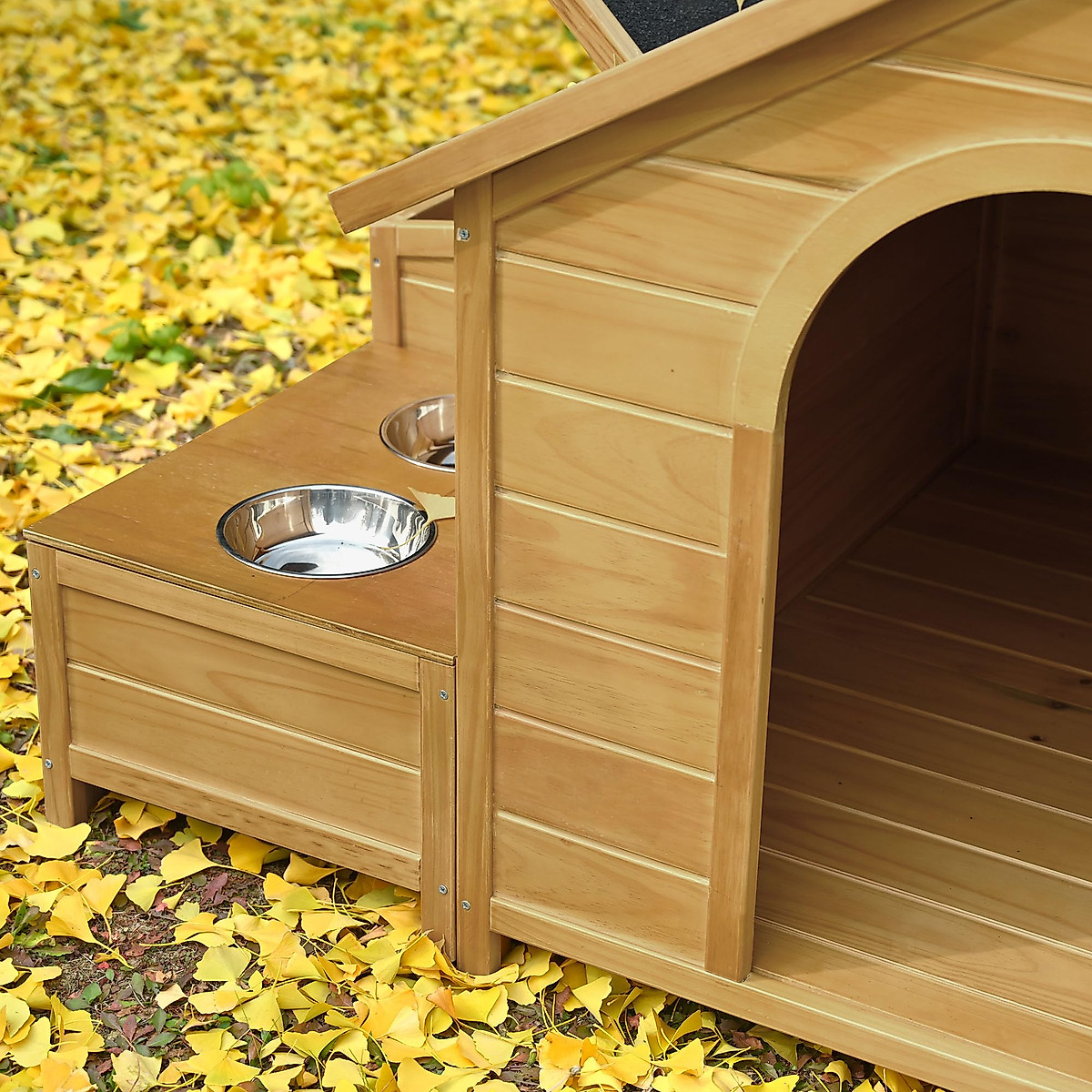 LUSPAZ 51.18 Inch Large Size Wooden Dog House, for Large Dog Breeds, Cabin Style Raised Dog Shelter with Asphalt Roof, Solid Wood, Weatherproof, Nature