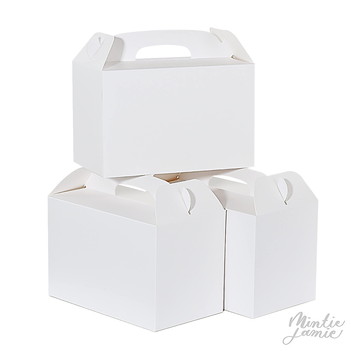 MintieJamie White Treat Boxes 1 Dozen White Boxes for Favor 8.5X5X5.5 Inches Large Handle Favor Boxes, Kids Party Favor Box, Party Box, Birthday Goodies Box, No Assembly Needed