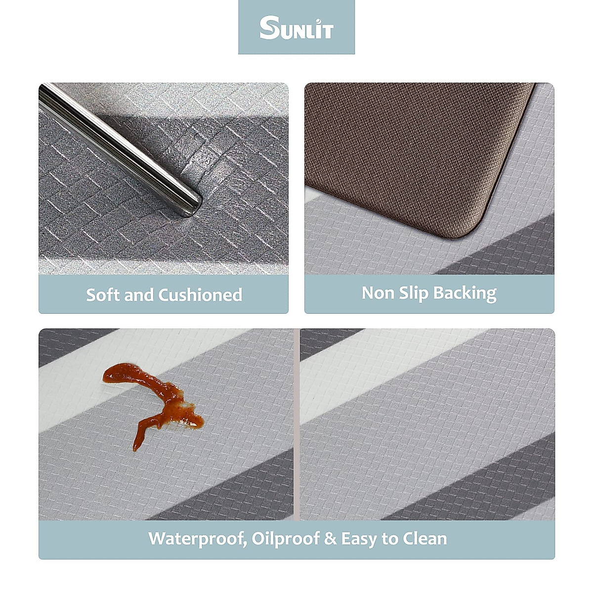 Sunlit Set of 2 Anti Fatigue Kitchen Floor Mat, Non Slip Waterproof Comfort Standing Mat, 0.4Inch Thick Cushioned Anti Fatigue Kitchen Rug Runner, Aqua Blue Gray Stripes(Size:17"x28"&17"x47")