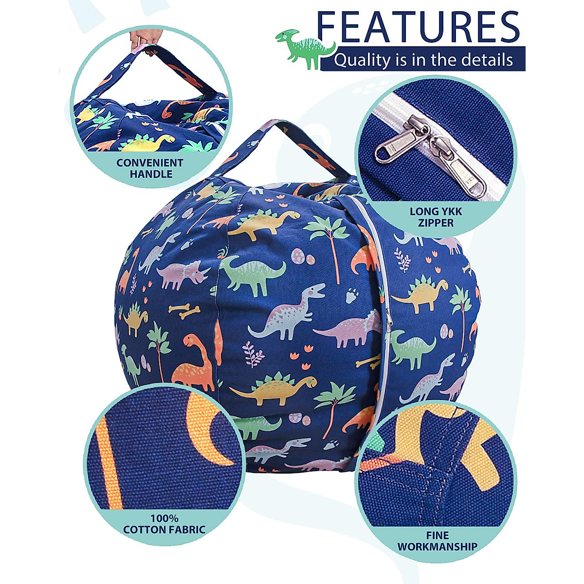 Aubliss Stuffed Animal Storage Bean Bag Chair Cover for Kids, Dinosaur Zipper Beanbag Chair Cover for Organizing Toddler and Kids' Rooms Plush Toys (Dinosaur,X-Large48)