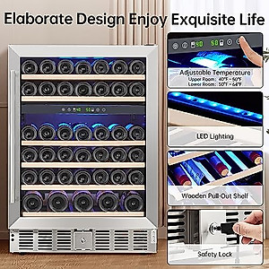 Garvee 52 Bottles Wine Fridge, Dual Zone Wine Cooler Refrigerator with 40～64°F Digital Temperature Control Compressor and Safety Lock, All Wood Removable Shelves, Stainless Steel Body, 4.8 Cu.Ft