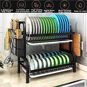 Dish Drying Rack, Rustproof 2-Tier Dish Rack -Multifunctional Dish Rack with Utensil Holder, Cutting Board Holder and Dish Drainer for Kitchen Counter (Black)