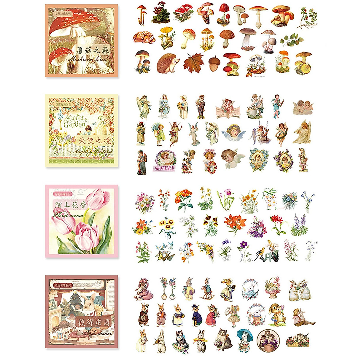 Cute Scrapbook Stickers Pack（300 Pieces）Butterfly Mushroom Flower Angel Peter Rabbit Small Size Decal Seals Set for Planner,Bullet Journaling,Junk Journal,Retro Crafts,Decoupage Stationary Supplies(Secret Garden)