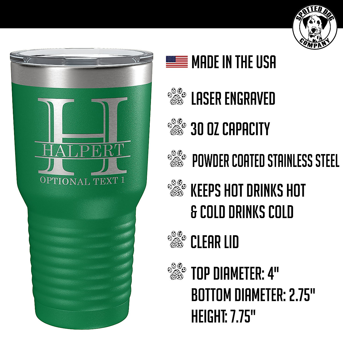 Personalized 30oz (17 Colors) Powder Coated Insulated Stainless Steel Tumbler with Lid, Custom Etched, Customized Engraved Gift Idea for Women Men Her Him, Halpert Monogram Initial Name (Green)
