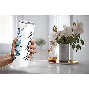 Personalized Flowered Skinny Tumbler 20Oz, Stainless Steel with lid, Straw, Brush and Non-Slip Base. Keep Drinks Hot or Cold. Use like Water Bottle, Coffee Mug, Travel Mug, Wine Cup. (Light Blue)