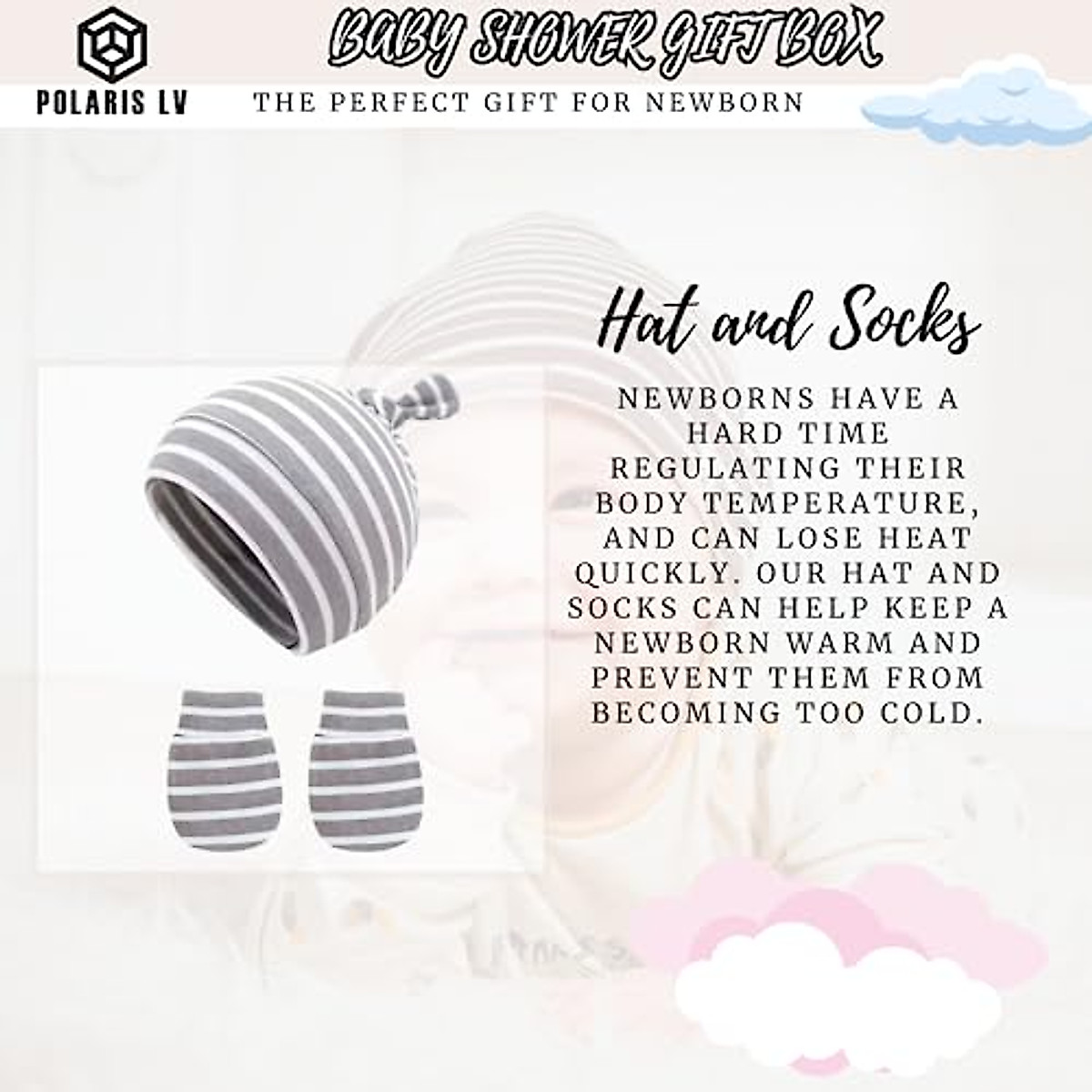 POLARIS LV - New Born Gift for Baby Shower, Baby Registry: Security Blanket, Newborn Essential Sleeping Bag and Muslim Blanket,Newborn Hat and Gloves, Hair Brush, Neutral Gender (Boys and Girls)