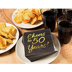 50th Birthday Decorations Men - 50PK - Cheers to 50 Years Napkins 50th Anniversary Decorations 5x5 Inches, Disposable Cocktail Napkins Paper for 50th Wedding Anniversary Decorations Black and Gold