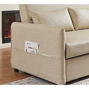 Melpomene Loveseat Sleeper Faux Leather Couch w/Pull-Out Bed and Adjustable Back, 57.1" Modern Convertible Sofa Bed w/ 2 Side Pockets and 2 Pillows (Khaki)