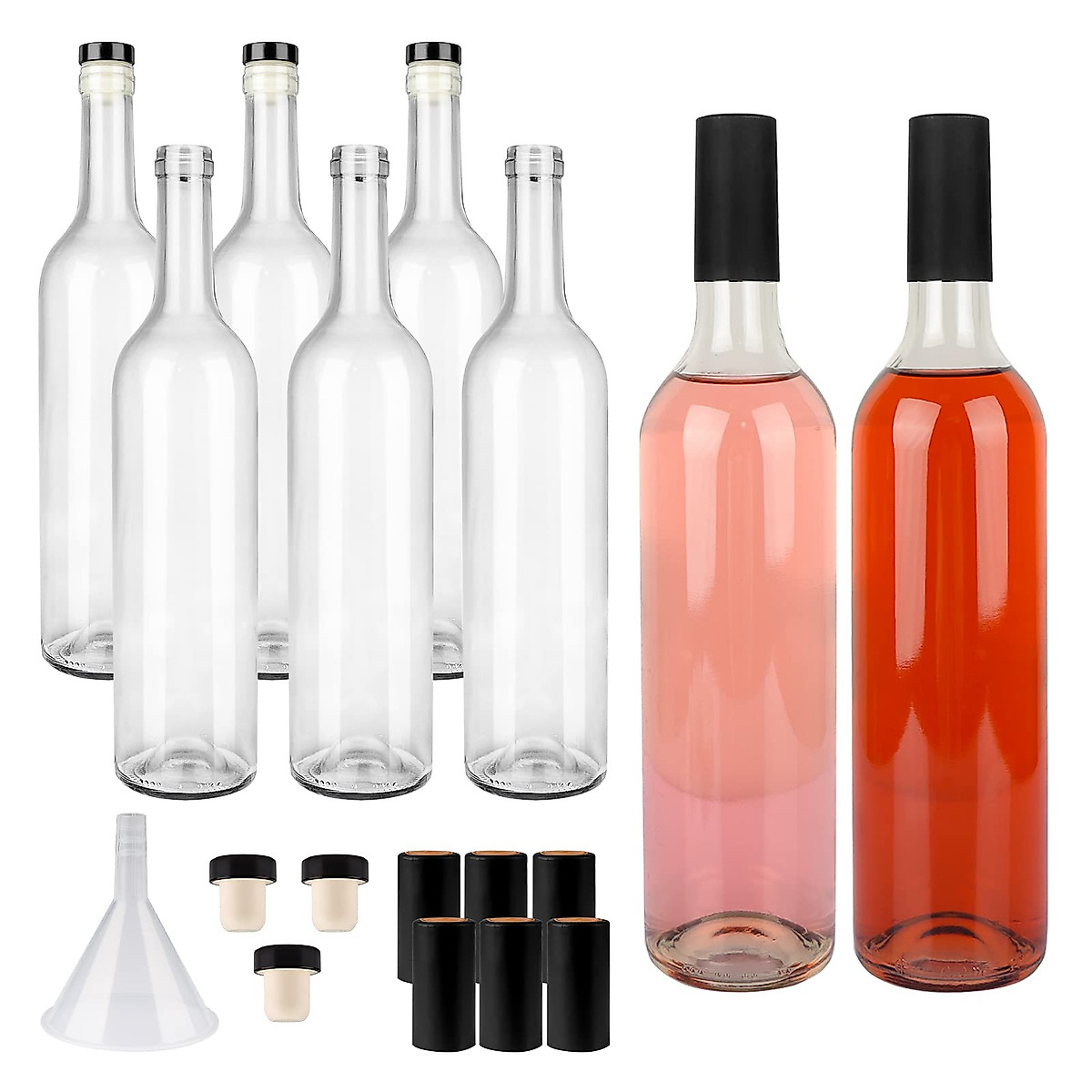 GUANENA 8 Pack 750ml Clear Glass Bottles with Cork Lids and PVC Shrink Capsules, Empty Home Brewing Wine Bottles with Funnel for Sparkling Wine, Juice, Kombucha, Beverages