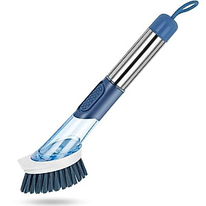 NileHome Dish Brush with Soap Dispenser Dish Scrubber with Replaceable PP Head Kitchen Dish Scrub Brush with Stainless Steel Handle Dish Cleaning Brush Dish Wand for Dishes, Pots
